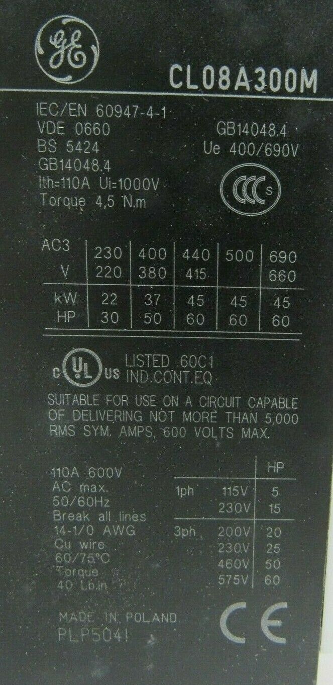 NEW GENERAL ELECTRIC CL08A311MJ CONTACTOR CL08A300M - SB Industrial ...