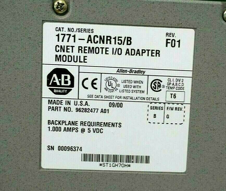 USED ALLEN BRADLEY 1771-ACNR15 /B I/O ADAPTER SER.B REV.F01 1771ACNR15B ...