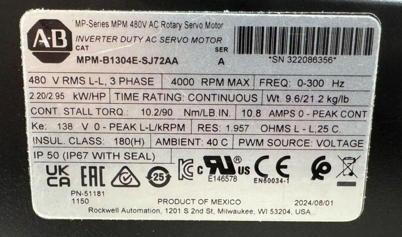 ALLEN BRADLEY MPM-B1304E-SJ72AA SERVO MOTOR SER. A 480VAC NEW SURPLUS ...