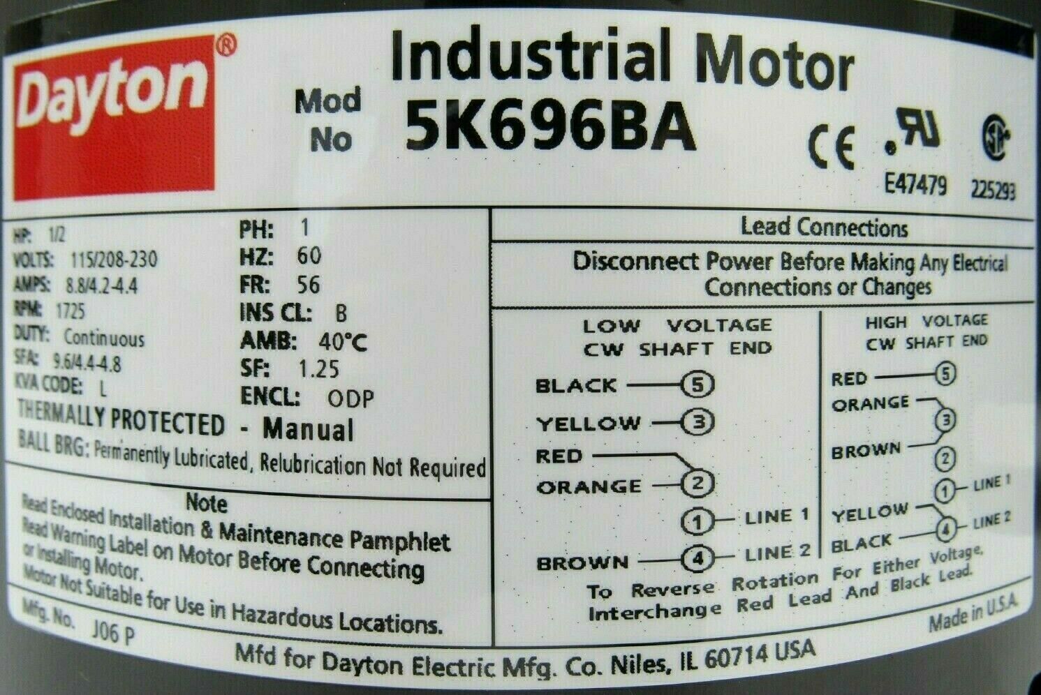 NEW DAYTON 5K696BA MOTOR 1/2HP 1725 RPM 115/208-230V - SB Industrial ...