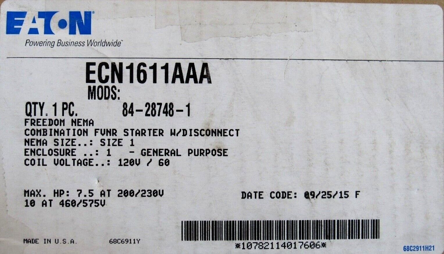 NEW EATON ECN1611AAA ENCLOSED STARTER SIZE 1 AN16DN0 84-28748-1 - SB ...