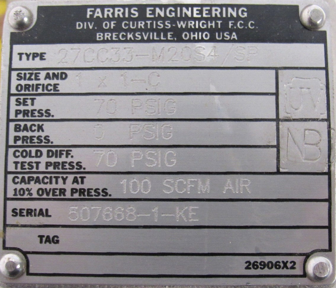 NEW FARRIS 27CC33-M20S4/SP RELIEF VALVE 70PSI 27CC33M20S4SP - SB ...