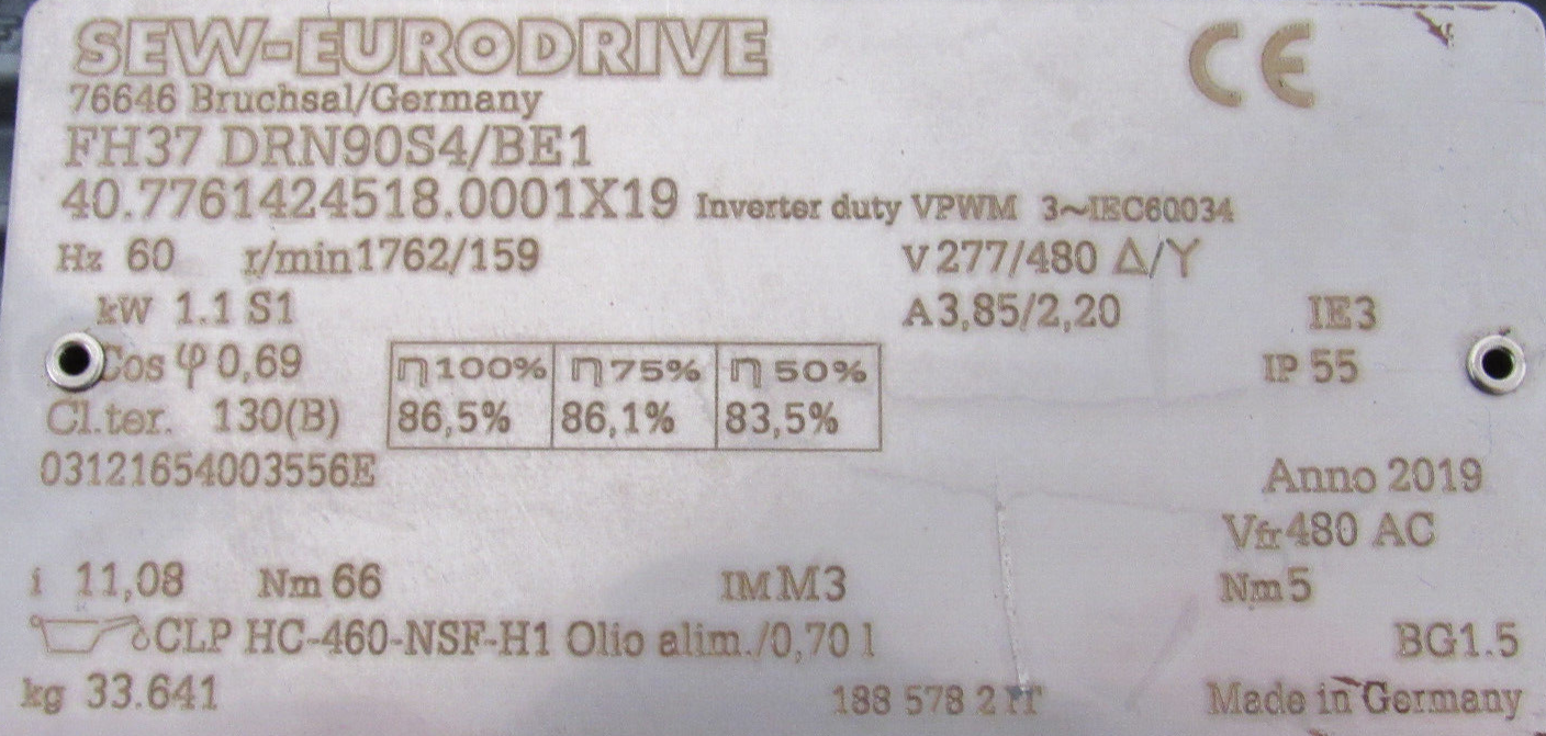 NEW SEW EURODRIVE FH37 DRN90S4/BE1 GEARMOTOR 11.08 277/480V ...