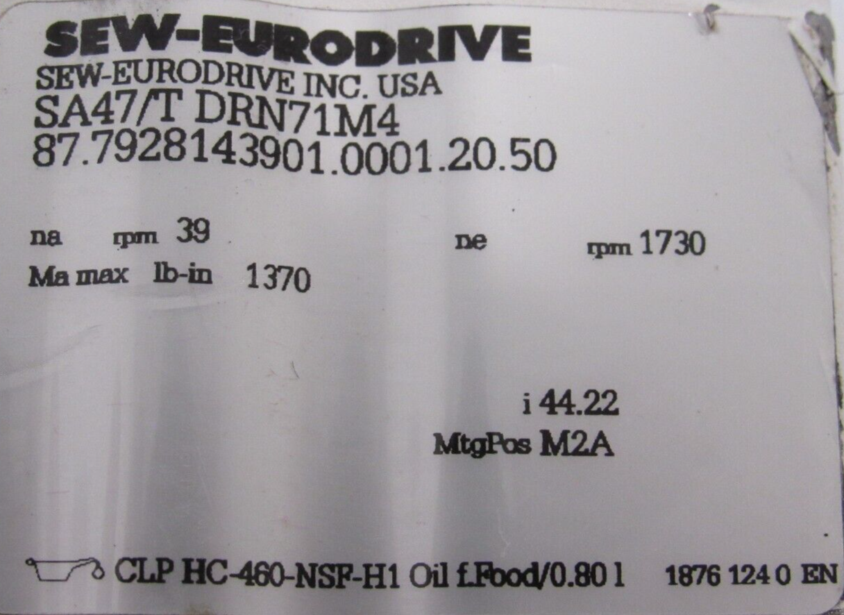 NEW SEW EURODRIVE SA47/T DRN71M4 GEAR .5HP 230/460V SA47TDRN71M4 - SB ...