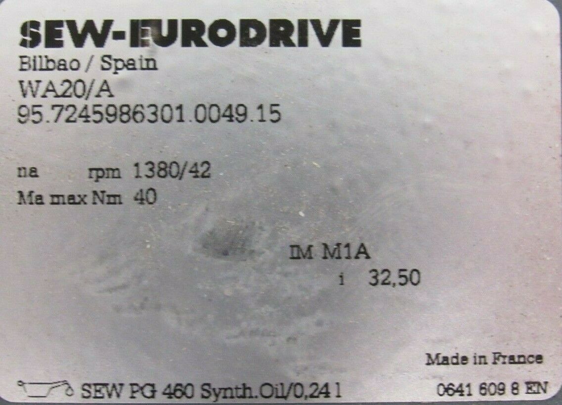 NEW SEW EURODRIVE WA20-DRS71S4 GEARMOTOR WA20/A RPM 1380/42 - SB ...