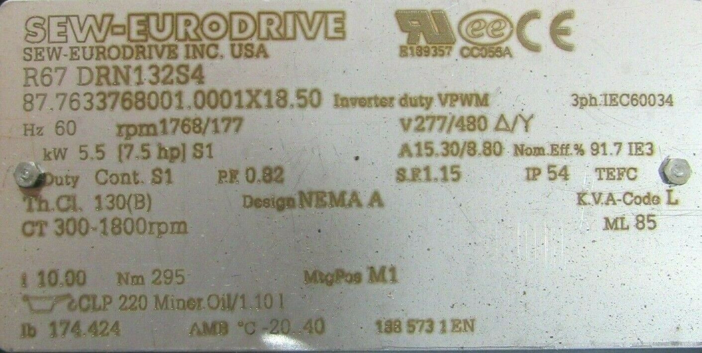 NEW SEW EURODRIVE R67 DRN132S4 GEARMOTOR 7.5HP 277/480V R67DRN132S4 ...