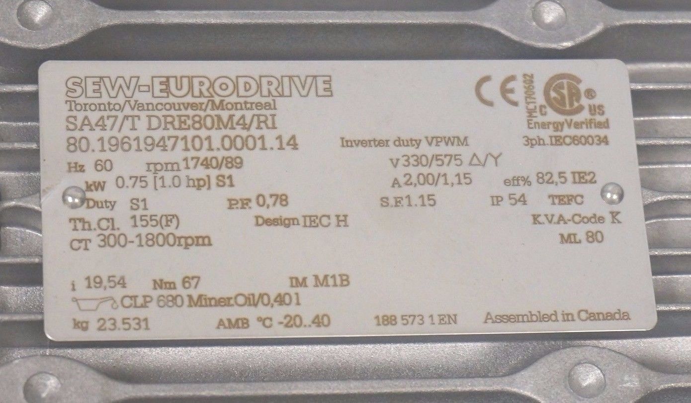 NEW SEW EURODRIVE SA47/T DRE80M4/RI GEAR MOTOR W/ SA47/A/T REDUCER - SB ...