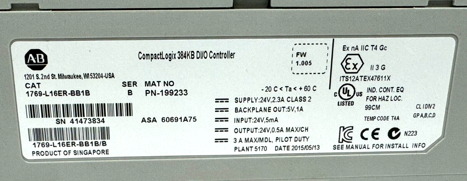 USED ALLEN BRADLEY 1769-L16ER-BB1B COMPACTLOGIX CONTROLLER SER. B FW: 1 ...