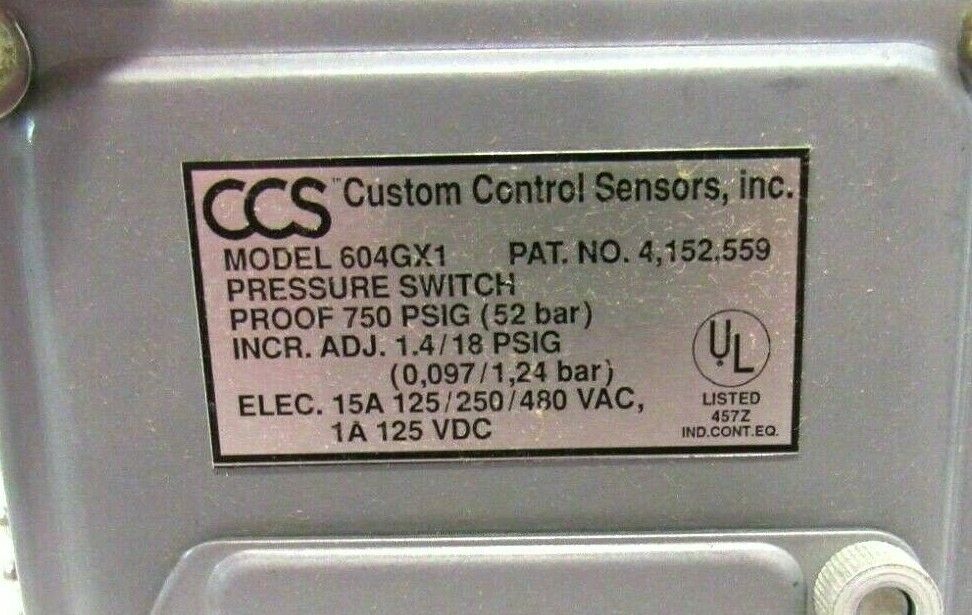 NEW CUSTOM CONTROL SENSORS 604GX1 PRESSURE SWITCH - SB Industrial ...