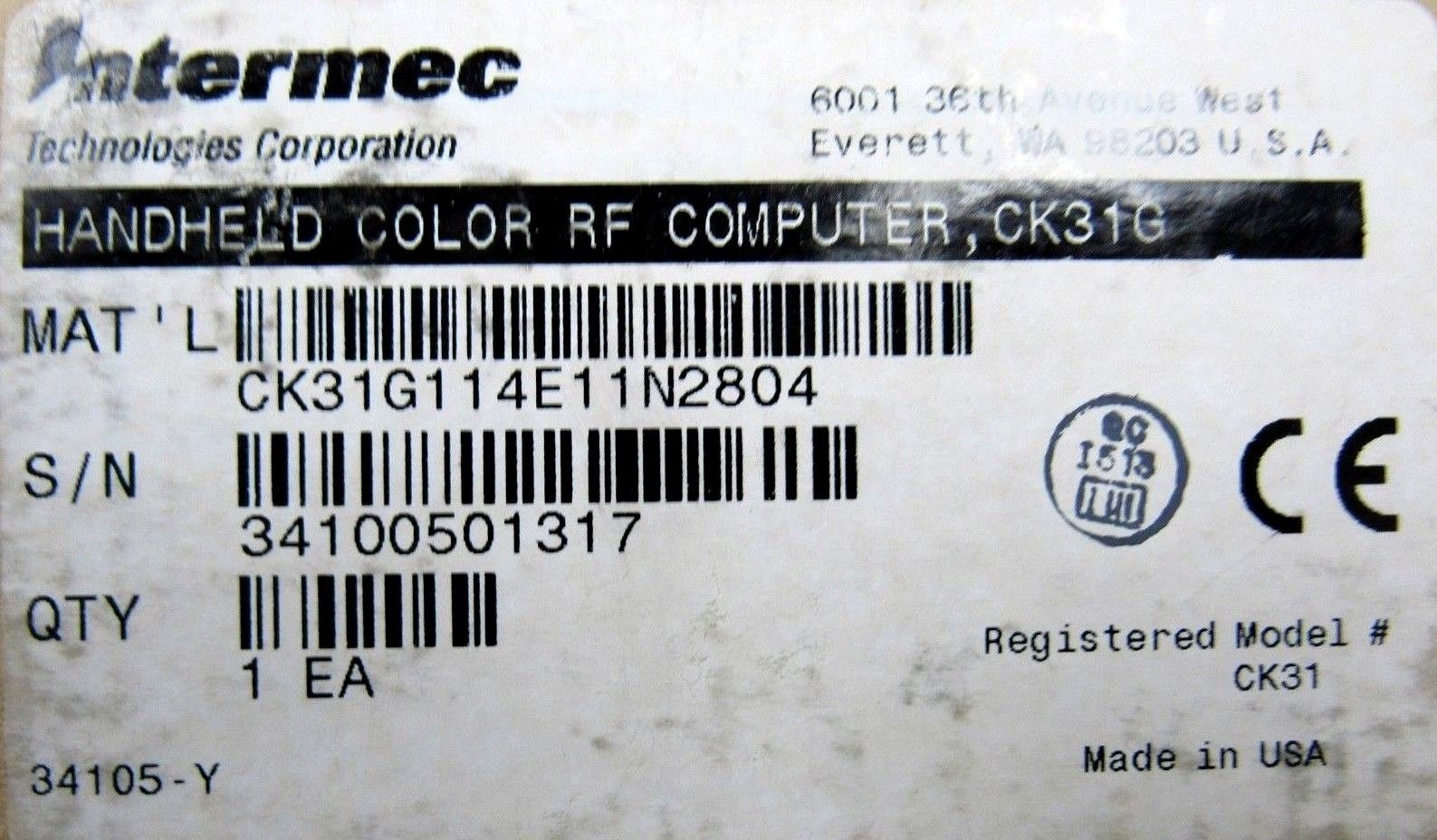 NEW INTERMEC CK31G COLOR BARCODE SCANNER CK31NI CK31G114E11N2804 WITH ...