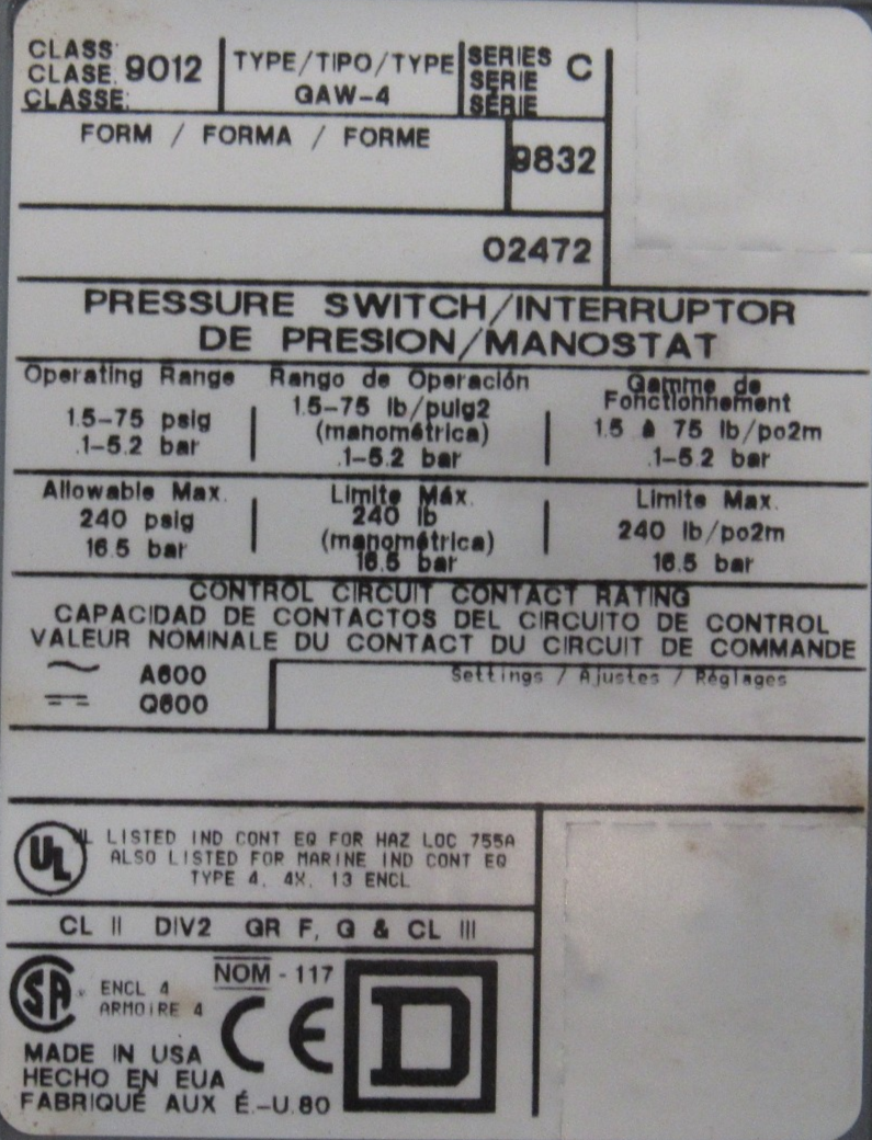NEW SQUARE D 9012-GAW-4 PRESSURE SWITCH 1.5-75PSIG 9012GAW4 - SB ...