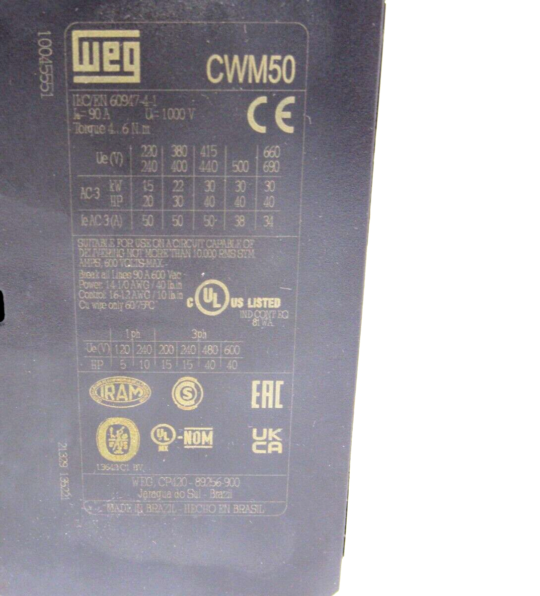 NEW WEG CWM50-00-30V18 CONTACTOR 50A CWM500030V18 - SB Industrial ...