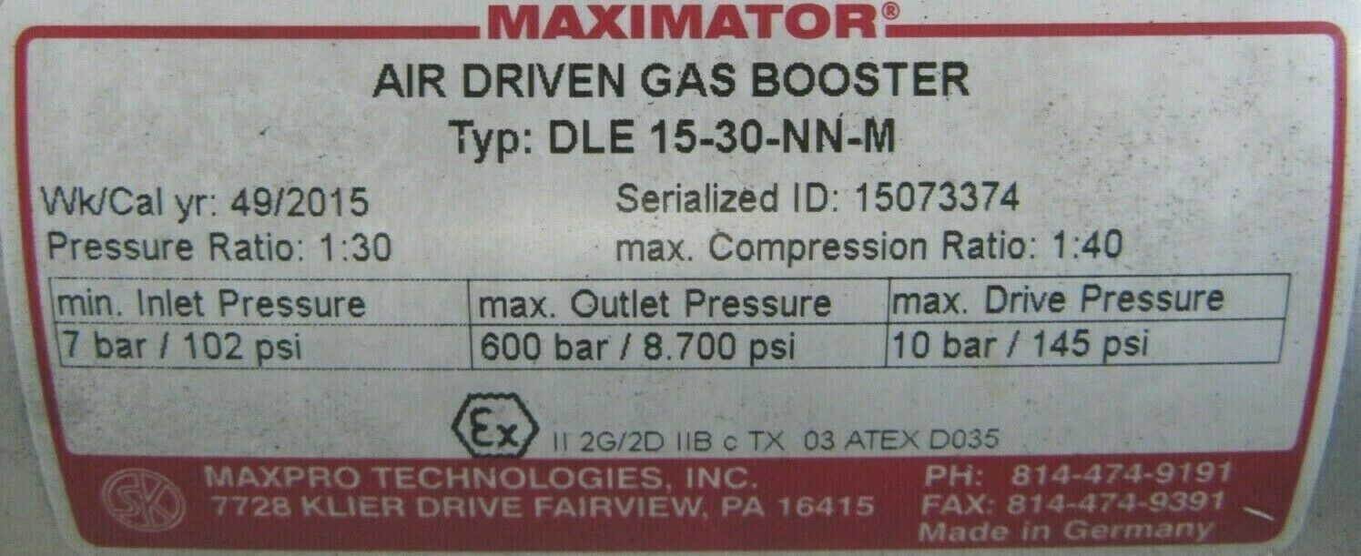 REFURBISHED MAXPRO TECHNOLOGIES DLE15-30-NN-M MAXIMATOR GAS BOOSTER ...