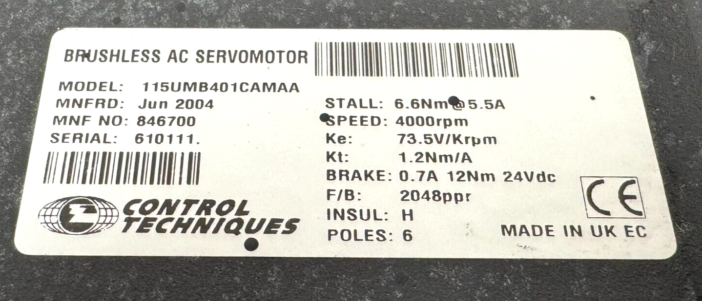 USED CONTROL TECHNIQUES 115UMB401CAMAA SERVO UNIMOTOR UM 4000RPM - SB ...
