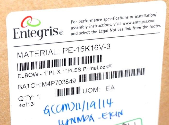 NEW ENTEGRIS PE-16K16V-3 PRIMELOCK 1" ELBOW PE16K16V3 - SB Industrial ...