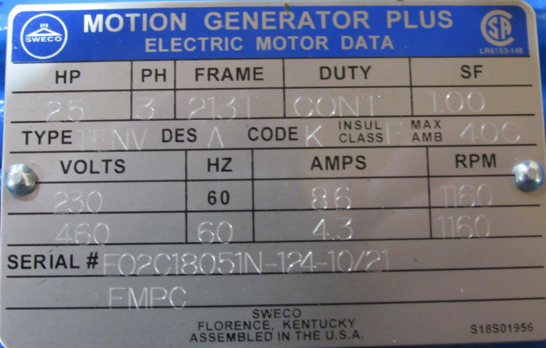 NEW SWECO TENV MOTION GENERATOR PLUS 2.5HP 213T 230/460V E02C18051N-124 ...