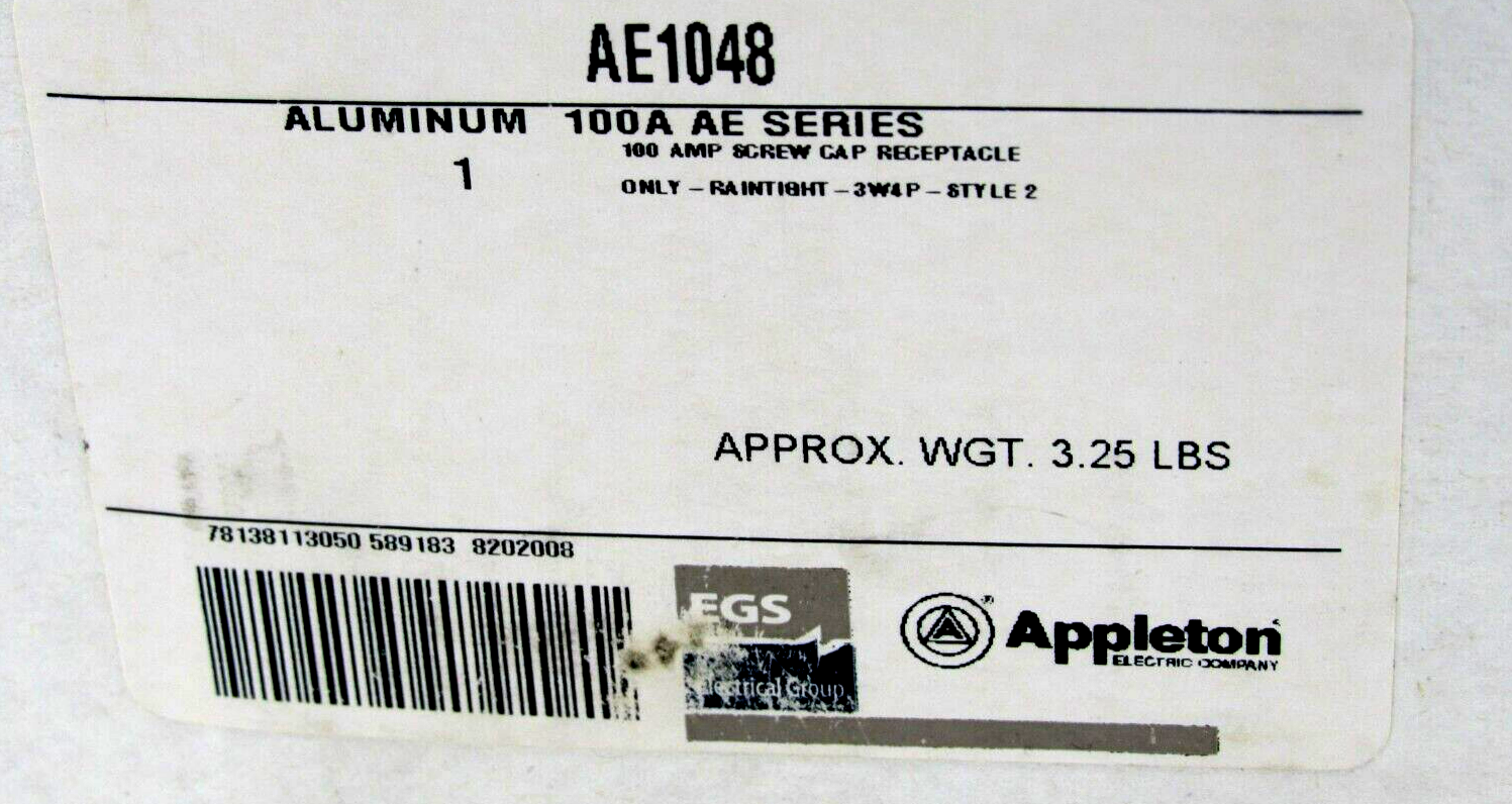 NEW APPLETON AE1048 SCREW CAP RECEPTACLE 100AMP - SB Industrial Supply ...