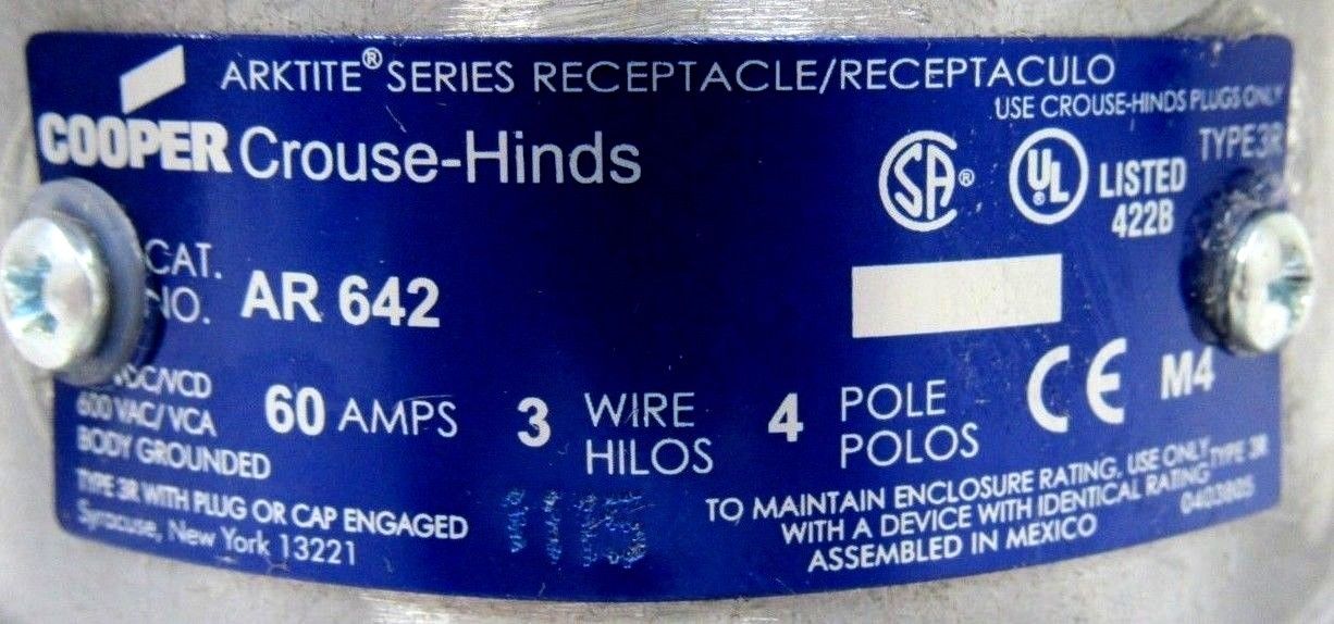 NEW CROUSE HINDS AR642 RECEPTACLE MODEL M4 TYPE 3R 60A ARE56 BACK BOX ...
