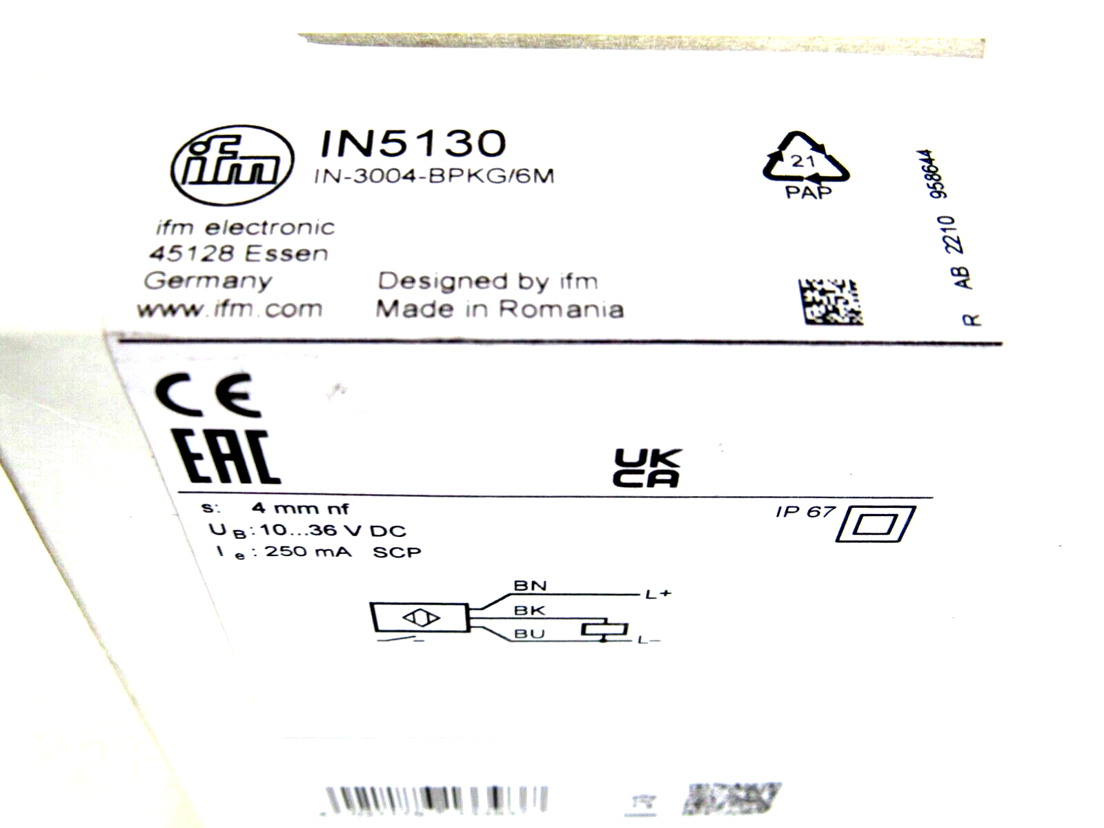 NEW EFECTOR IN5130 INDUCTIVE SENSOR IN-3004-BPKG - SB Industrial Supply ...