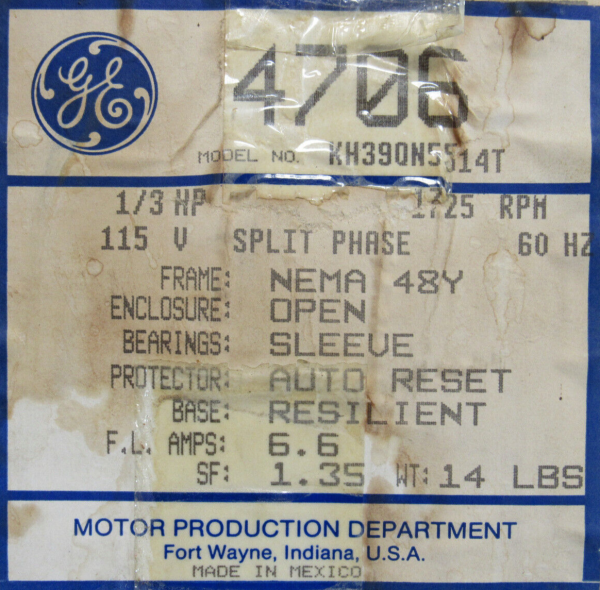 NEW GENERAL ELECTRIC 4706 FAN MOTOR 1/3HP 115V 1/2" DIA. - SB ...