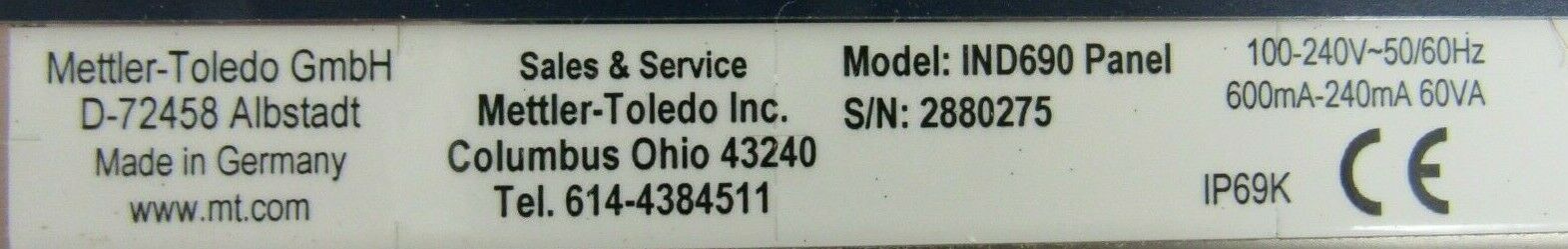 NEW METLER TOLEDO IND690-PANEL WEIGHING TERMINAL IND690PANEL 69P10001A ...