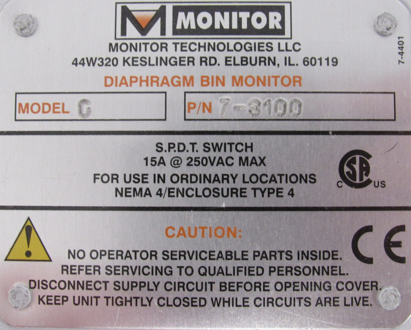 NEW MONITOR TECHNOLOGIES 7-8100 DIAPHRAGM LEVEL SWITCH MODEL C 78100 ...
