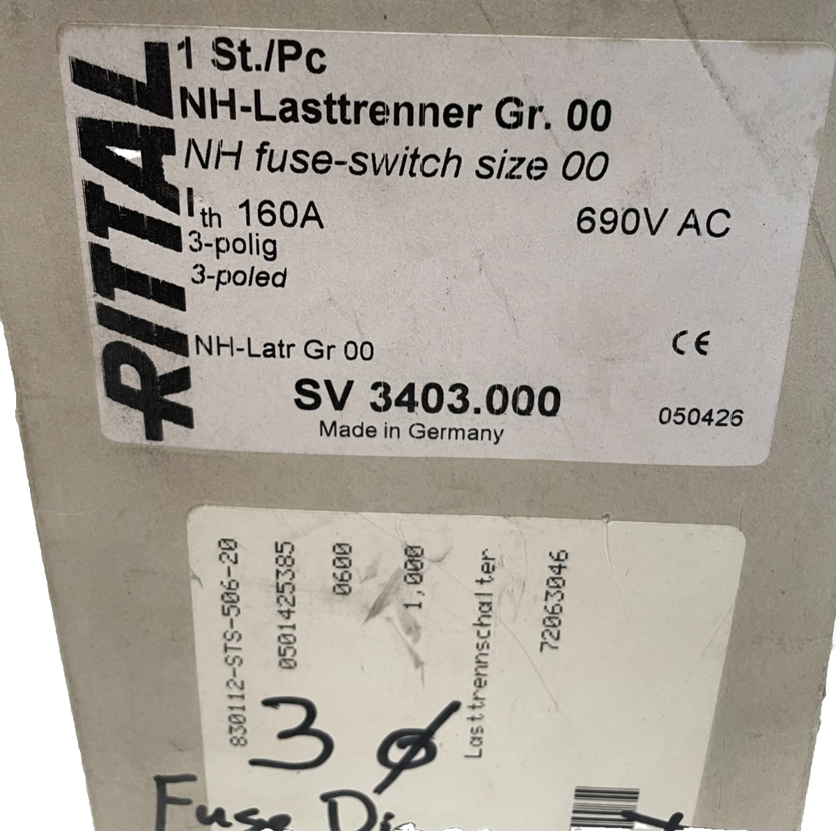 NEW RITTAL 3403.000 FUSE SWITCH SIZE 00 160A 690V AC - SB Industrial ...