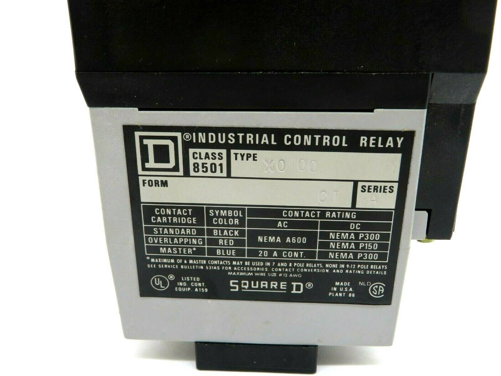 NEW SQUARE D 8501-XO-00 AC CONTROL RELAY SERIES A 8501XO00 - SB ...