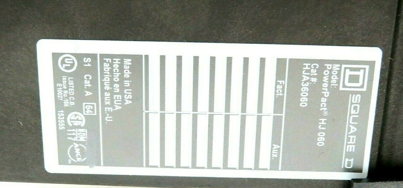 NEW SQUARE D HJA36060 CIRCUIT BREAKER 60A 3P 600V 50/60HZ - SB ...