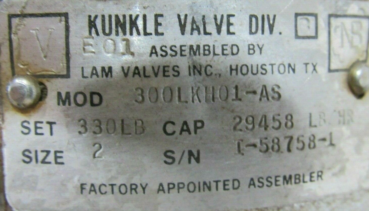 REFURBISHED KUNKLE 300LKH01-AS SAFETY RELIEF VALVE SIZE 2 330PSI ...