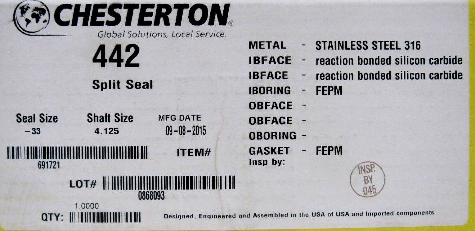 NEW CHESTERTON 442 SPLIT SEAL HIT 691721 SEAL SIZE -33 SHAFT SIZE 4.125 ...
