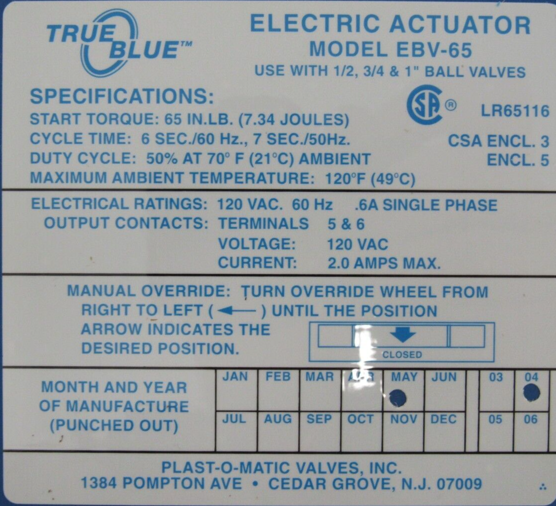 NEW PLAST-O-MATIC EBV100VT-PV ELECTRIC ACTUATOR 1" 120V EBV-65 - SB Industrial Supply, Inc.