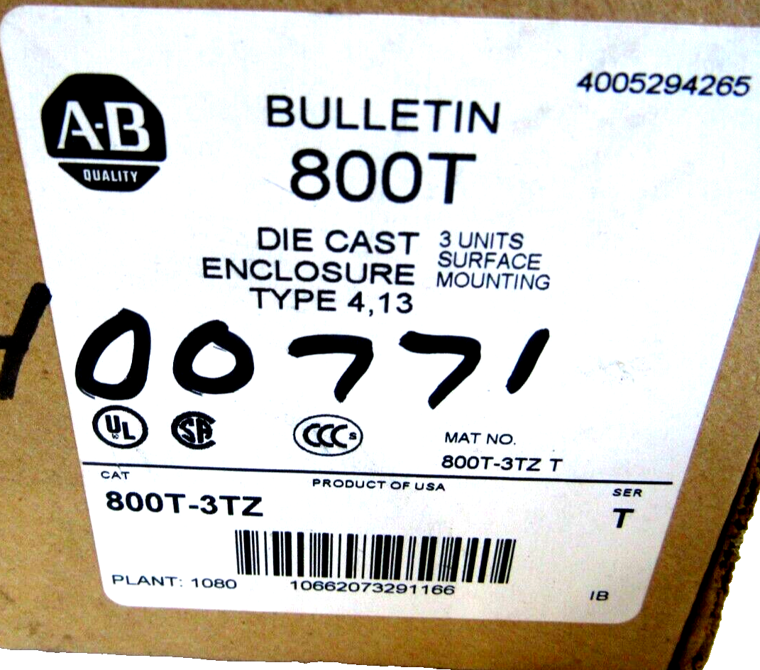 ALLEN BRADLEY 800T-3TZ DIE CAST ENCLOSURE SER. T 800T3TZ NEW, SURPLUS ...