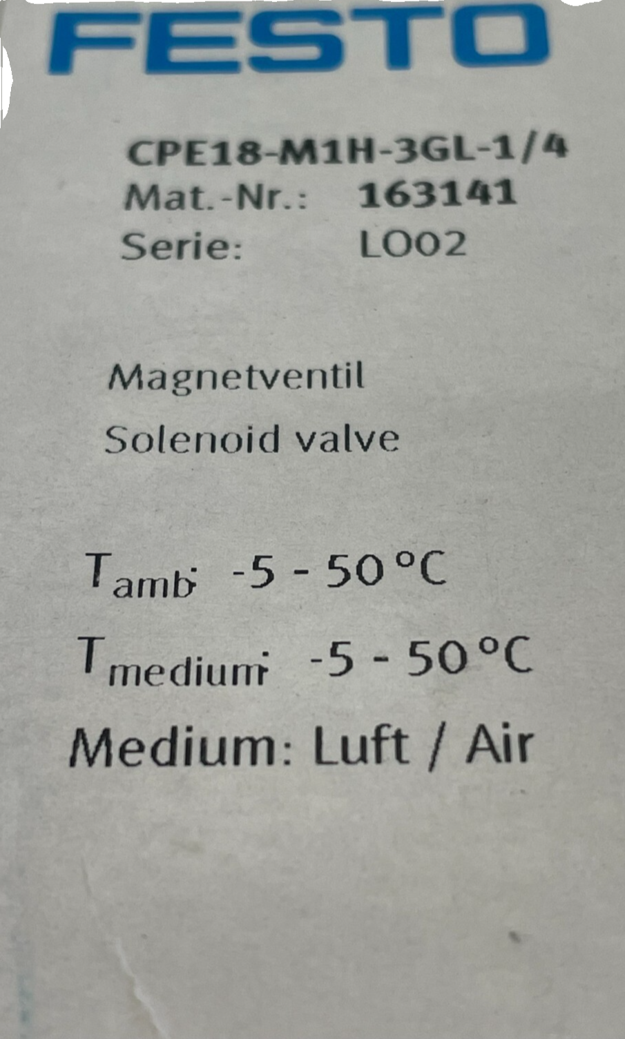 NEW FESTO CPE18-M1H-3GL-1/4 SOLENOID VALVE 163141 CPE18M1H3GL14 - SB ...