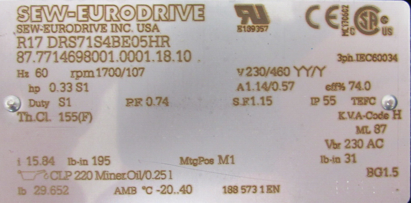 NEW SEW EURODRIVE R17 DRS71S4BE05HR GEARMOTOR 15.84:1 .33HP 230/460V ...