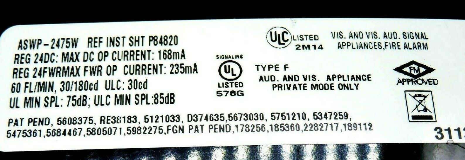 NEW COOPER WHEELOCK ASWP-2475W-AR AUDIBLE STROBE 24VDC 126097 ...