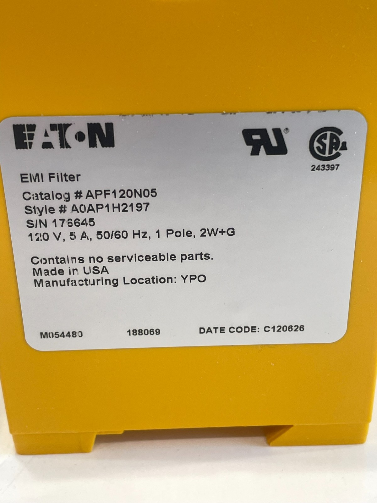 NEW EATON APF120N05 AUTOMATION POWERLINE FILTER 120V 5A 50/60HZ 1POLE ...