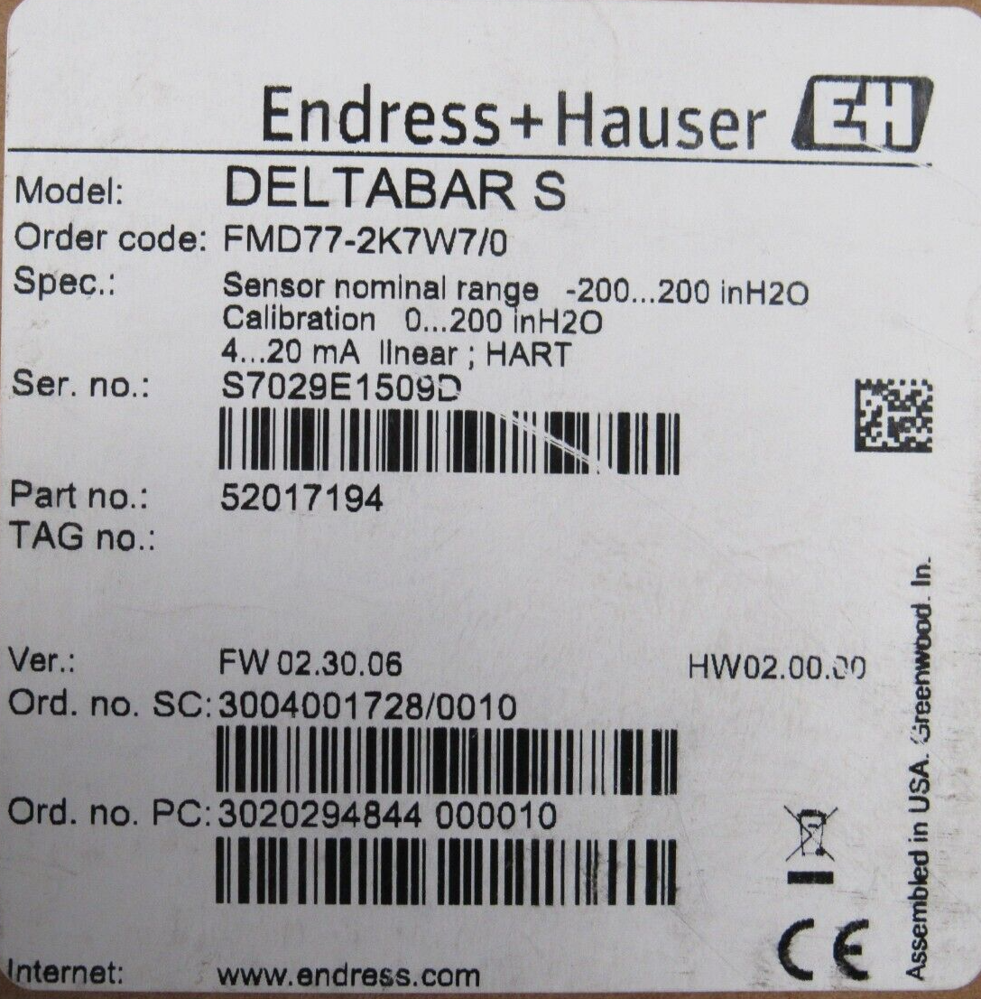 NEW ENDRESS HAUSER FMD77-2K7W7/0 PRESSURE TRANSMITTER DELTABAR S ...