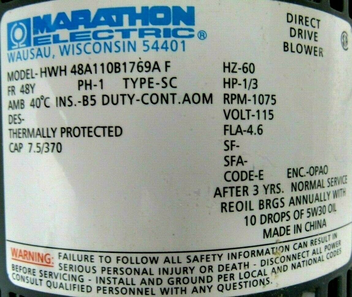 NEW MARATHON 48A110B1769 MOTOR 1/3HP 1075 RPM 115V X002 SHAFT 1/2"x4 ...