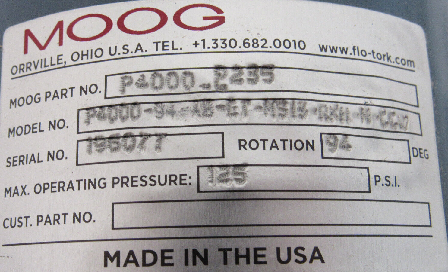 NEW MOOG P4000-2235 FLO TORK ROTARY ACTUATOR P4000-94-AB-ET-MS13-AKH-N ...