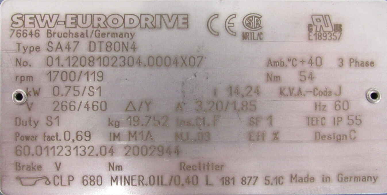 NEW SEW EURODRIVE SA47 DT80N4 GEARMOTOR SA47DT80N4 - SB Industrial ...