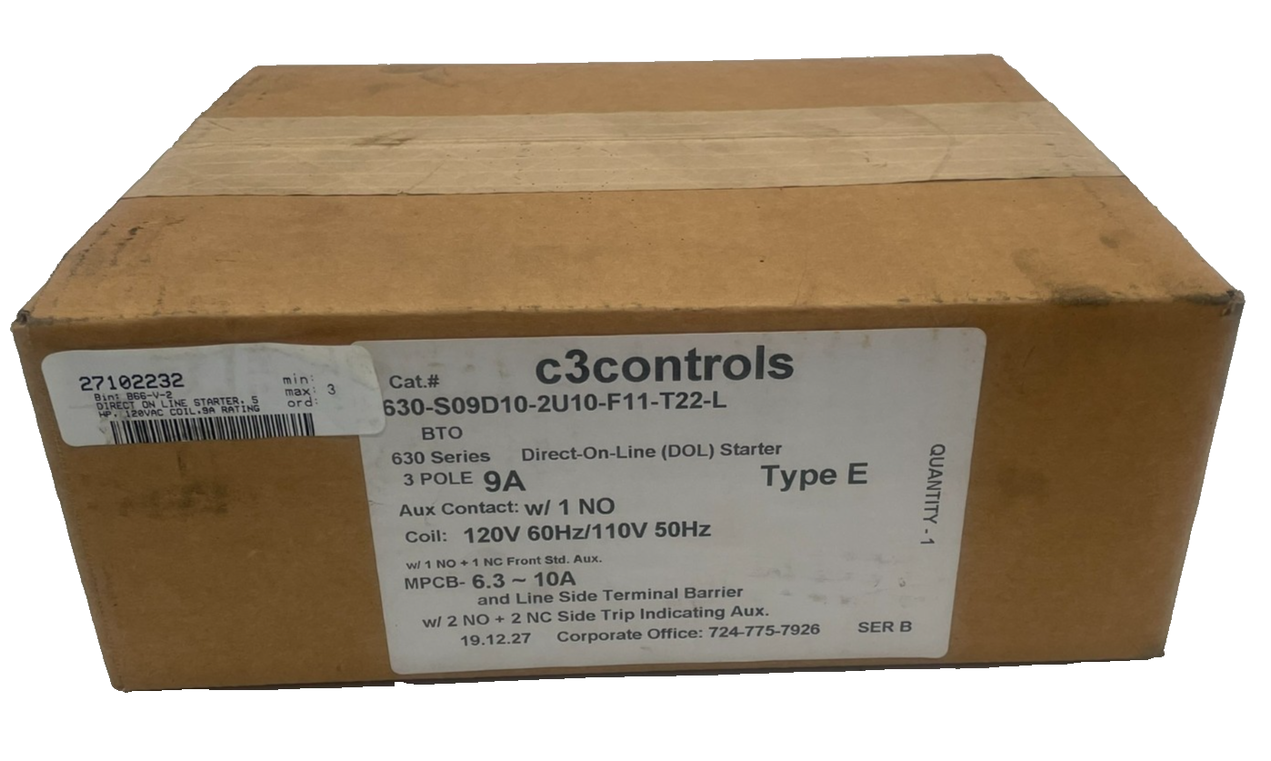 NEW C3CONTROLS 630-S09D10-2U10-F11-T22-L DIRECT-ON-LINE STARTER TYPE E ...