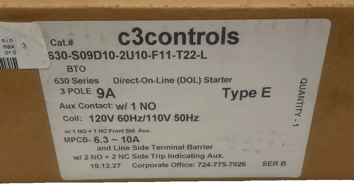NEW C3CONTROLS 630-S09D10-2U10-F11-T22-L DIRECT-ON-LINE STARTER TYPE E ...