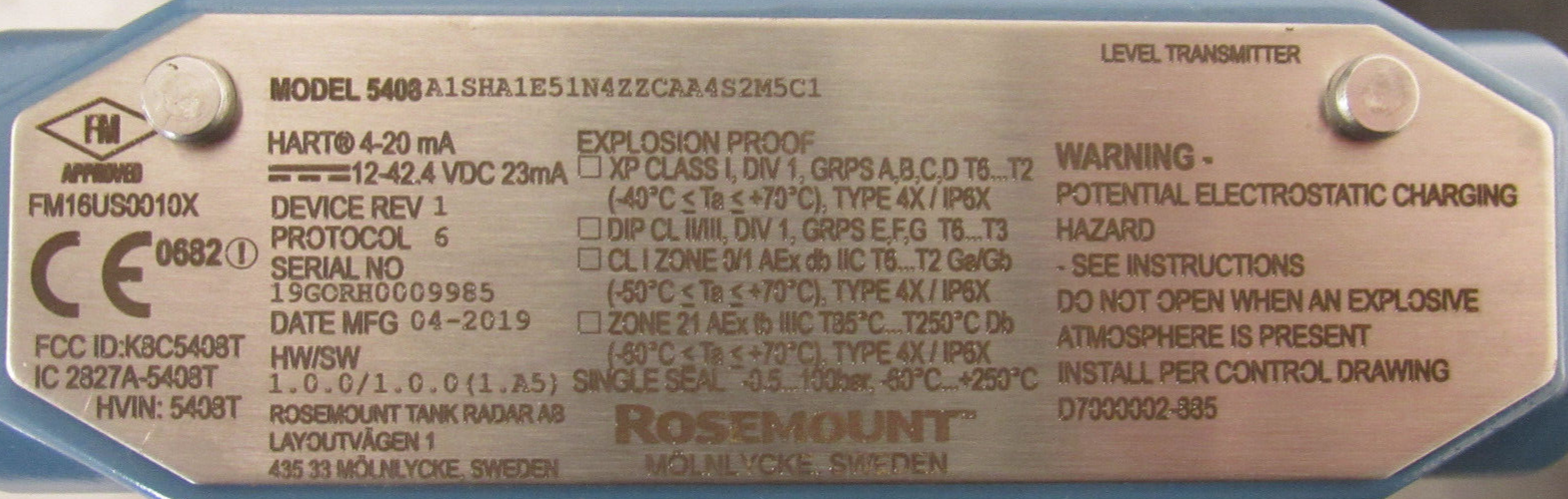 NEW ROSEMOUNT 5408A1SHA1E51N4ZZCAA4S2M5 RADAR LEVEL TRANSMITTER - SB ...