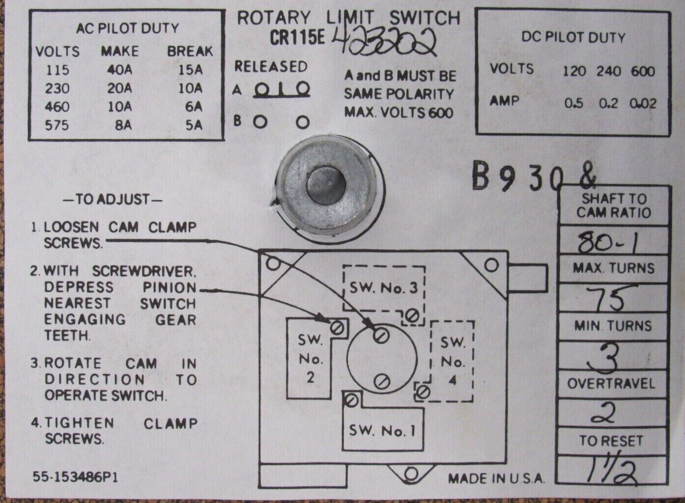USED GENERAL ELECTRIC CR115E-423202 LIMIT SWITCH CR115E423202 - SB ...