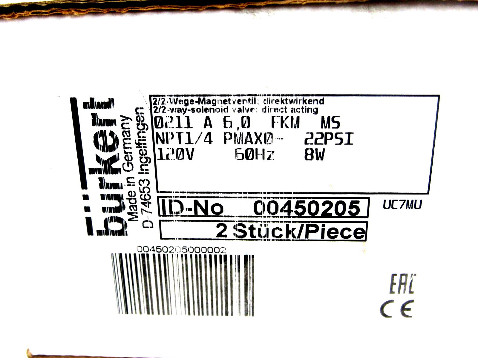 NEW BURKERT 00450205 VALVE 120V 60HZ - SB Industrial Supply, Inc.