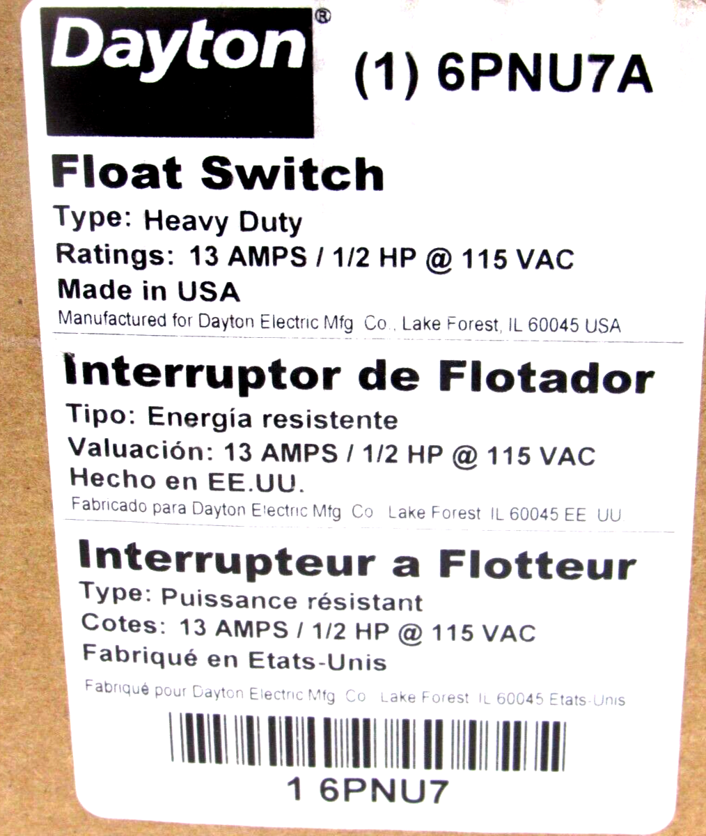 NEW DAYTON 6PNU7A FLOAT SWITCH 115VAC 13A - SB Industrial Supply, Inc.