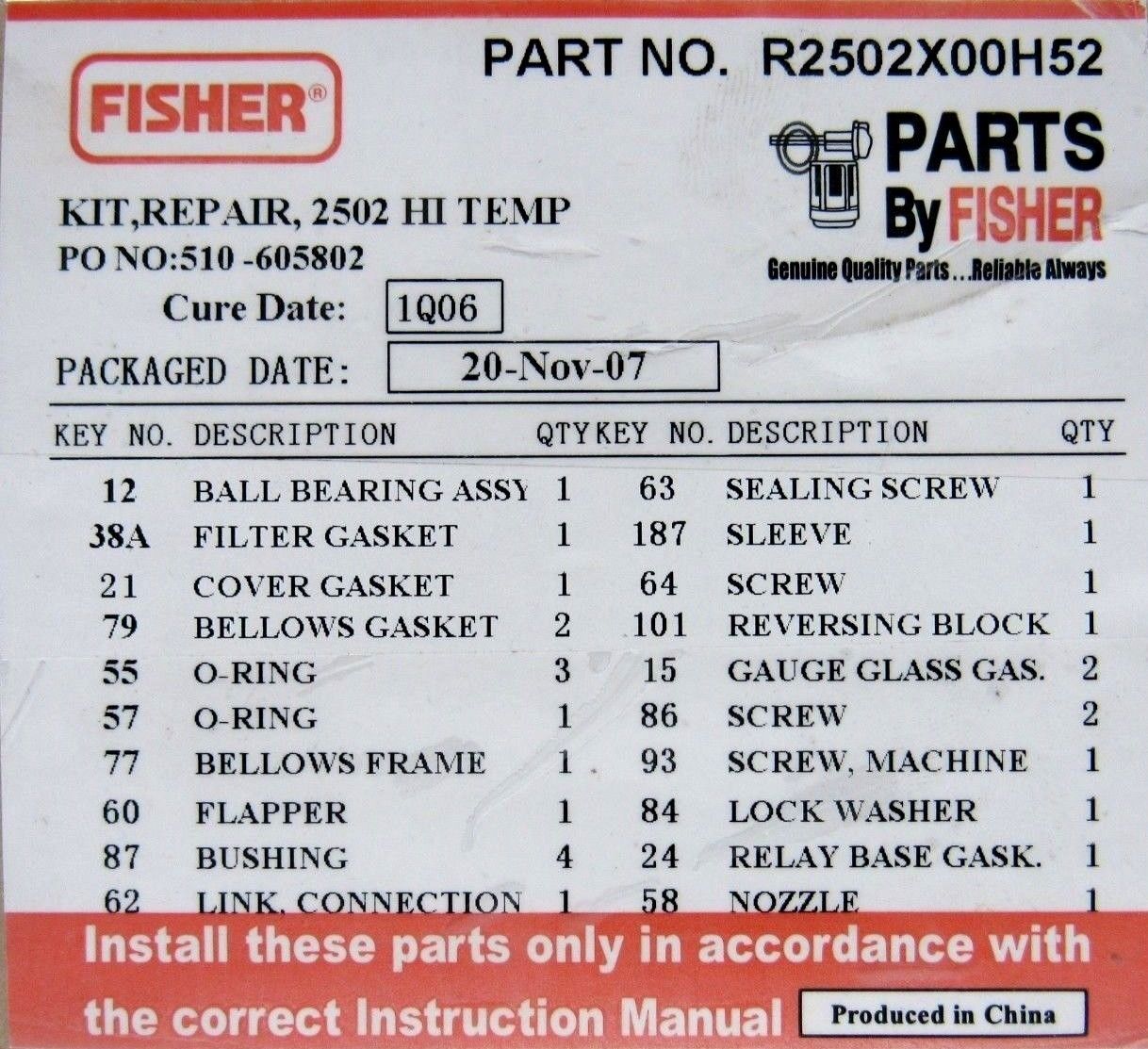 NEW FISHER R2502X00H52 REPAIR KIT - SB Industrial Supply, Inc.