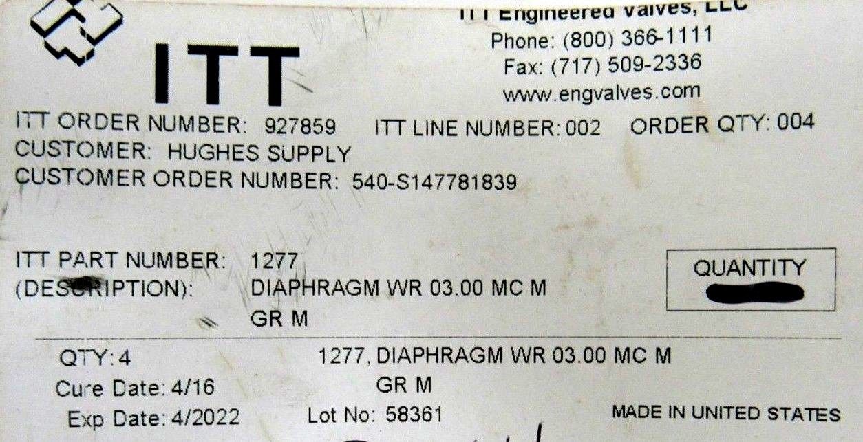 NEW ITT 1277 DIAPHRAGM WR 03.00 MC M - SB Industrial Supply, Inc.