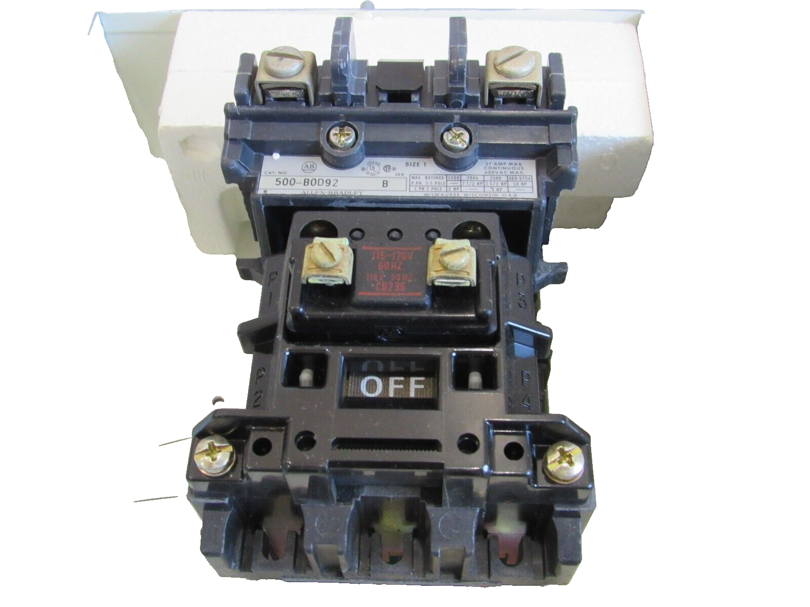 ALLEN BRADLEY 500-BAD92 CONTACTOR SIZE 1 POLE 2 SERIES B 500BAD92 NEW ...
